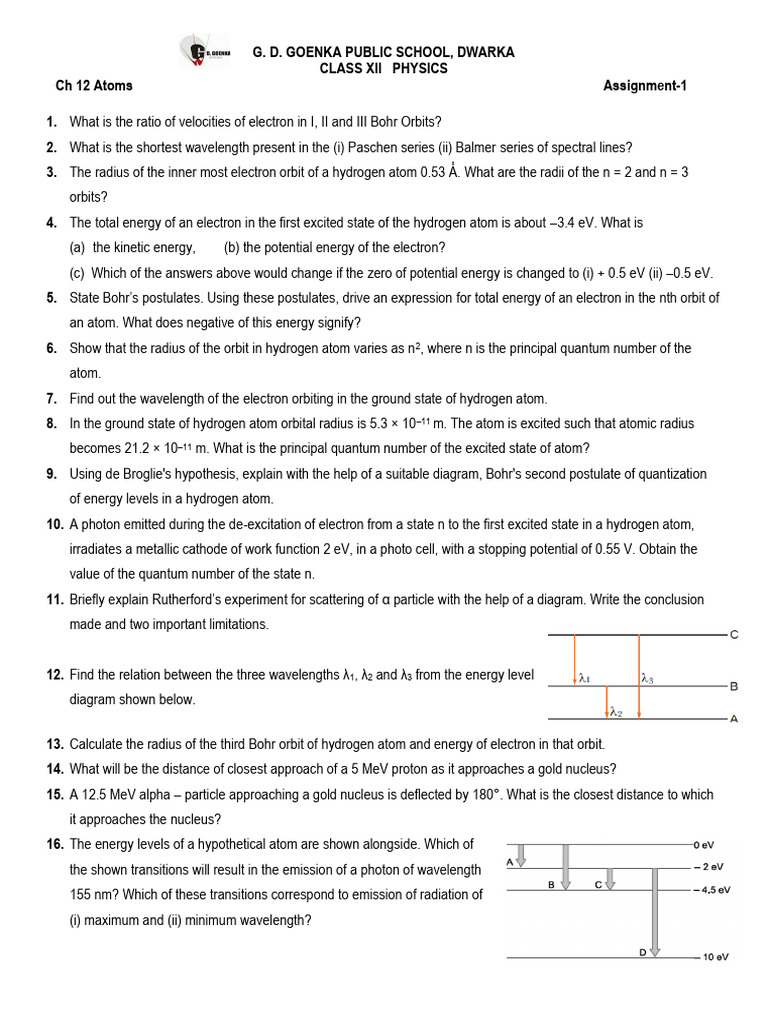 Class XII Physics CH 12 Assignment 1 | PDF | Energy Level | Atoms