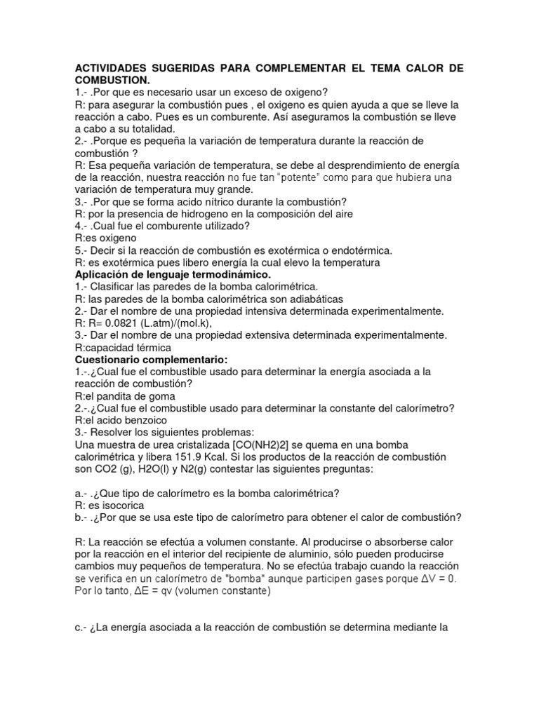 Actividades Sugeridas para Complementar El Tema Calor de Combustion ...