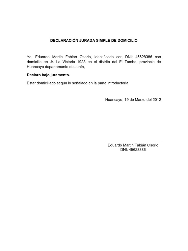 DECLARACIÓN JURADA SIMPLE DE DOMICILIO