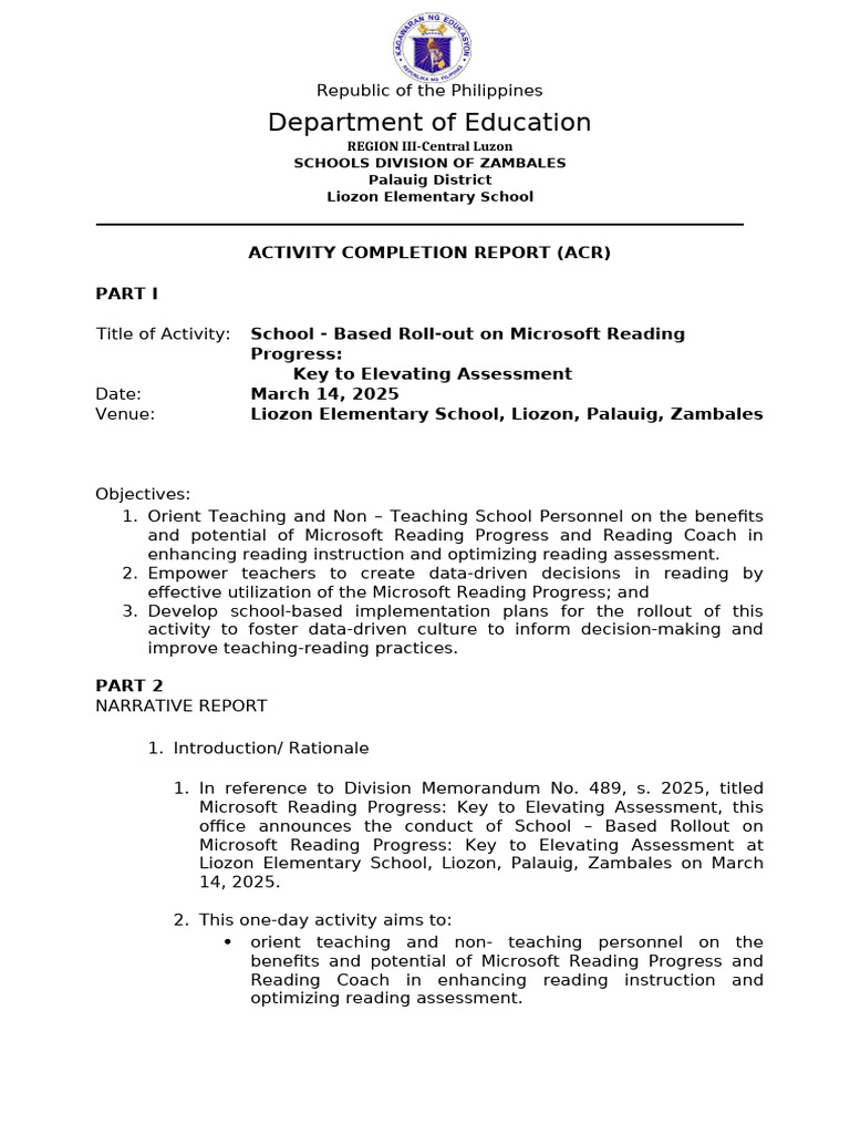 Liozon ES ACR - School Based Roll Out On Microsoft Reading Progress SY ...