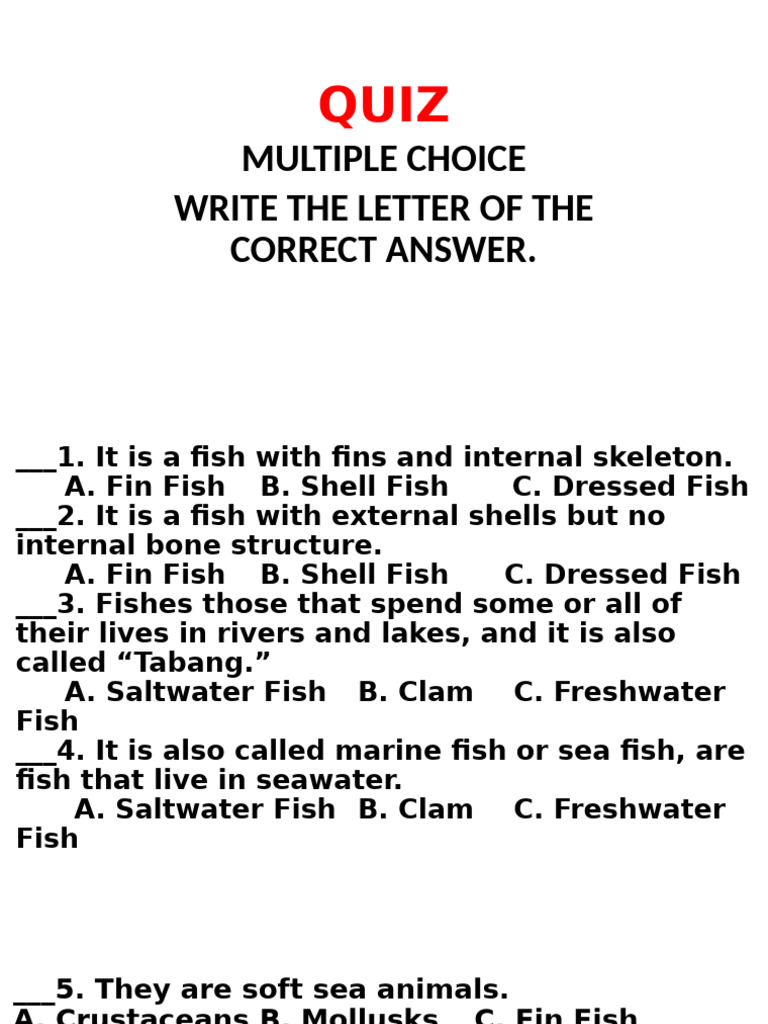 Fish and Shellfish Classification Quiz | PDF