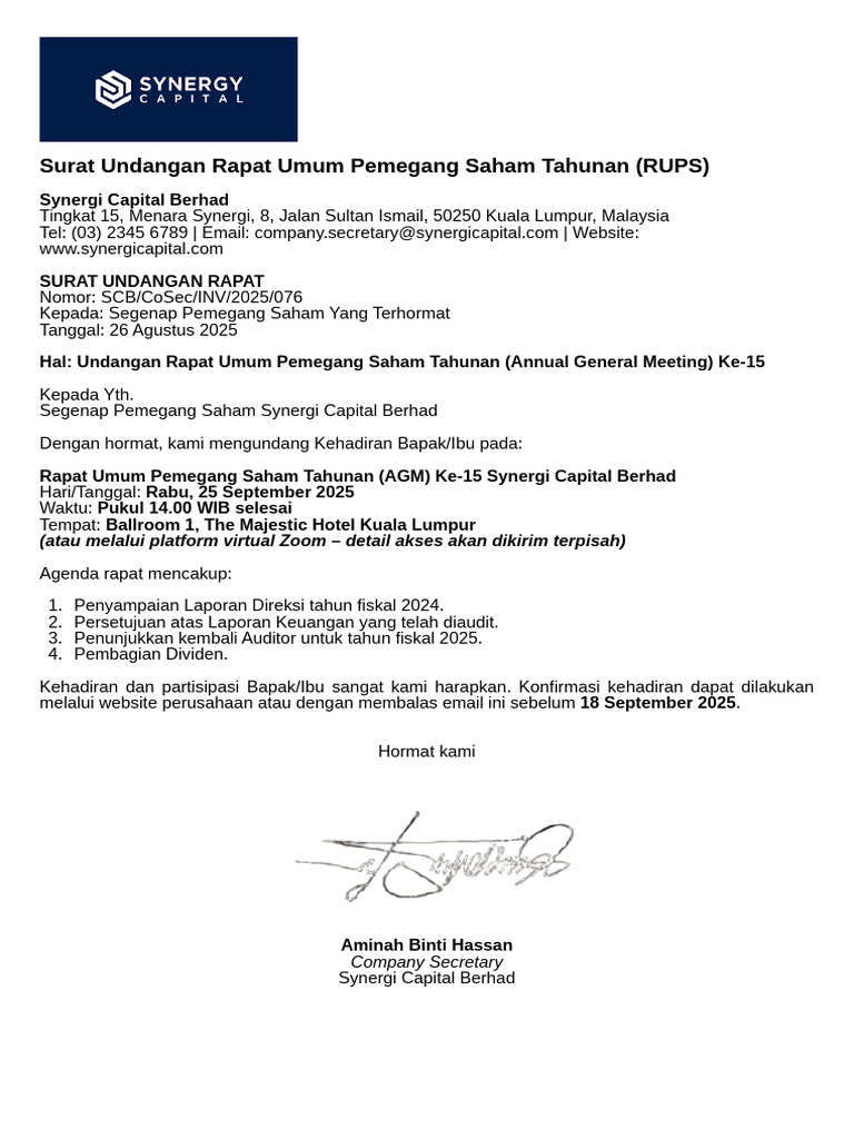 Undangan Rapat Pemegang Saham Tahunan | PDF
