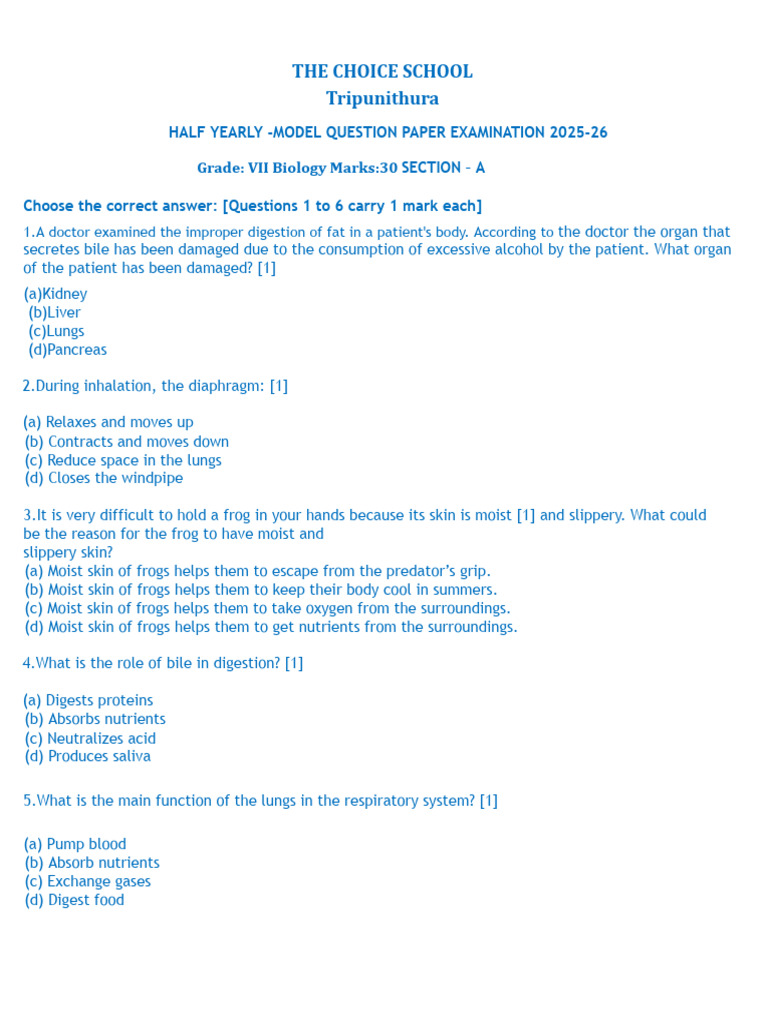 Grade 7-Biology Hy Model QP 2025 | PDF | Breathing | Digestion