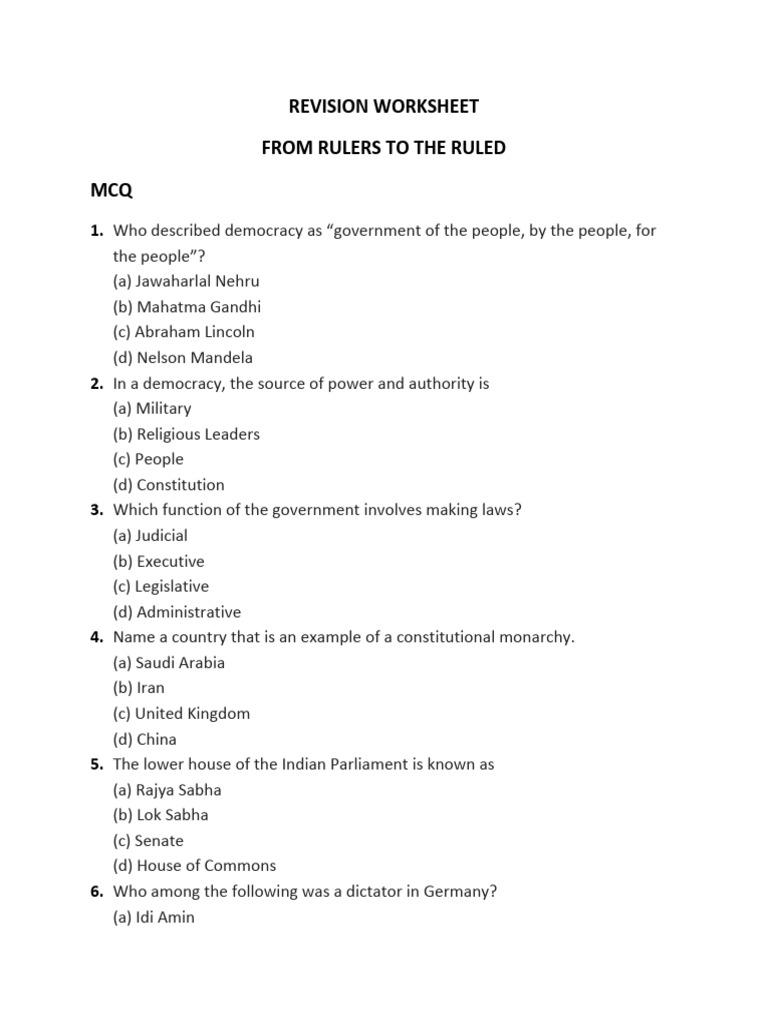 Government Types: Class 7 Worksheet | PDF | Government | Democracy