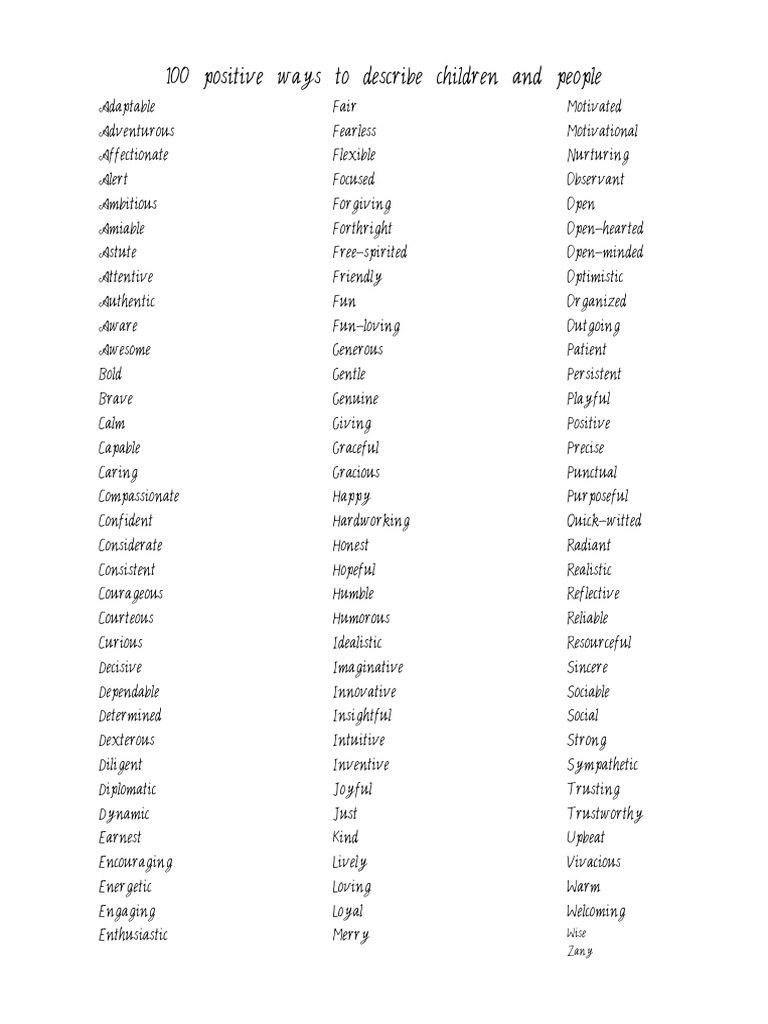 100 Nice Adjectives To Describe Children | PDF