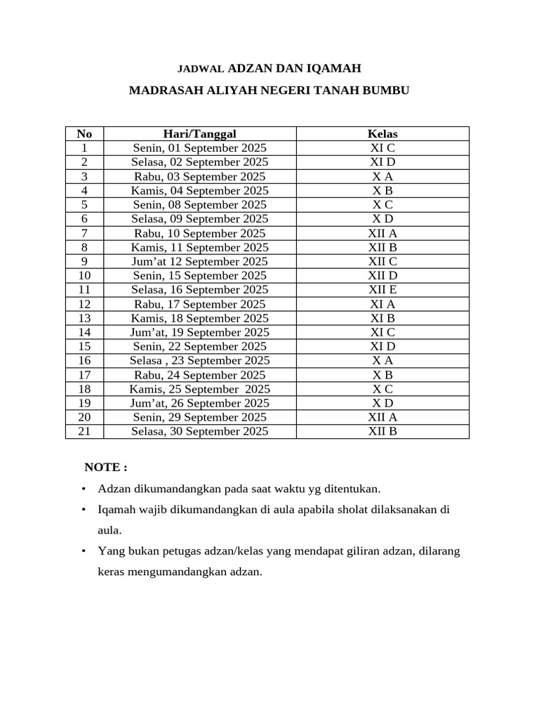 Jadwal Adzan Dan Iqamah Madrasah Aliyah Negeri Tanah Bumbu | PDF