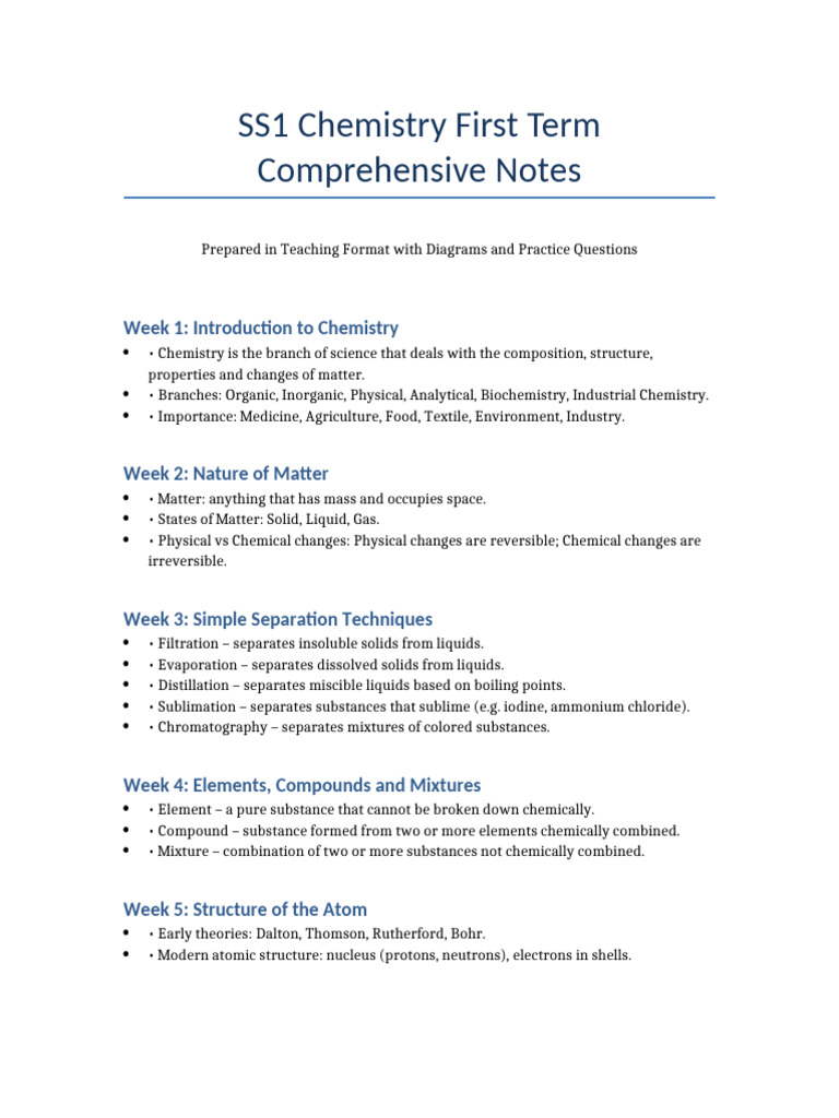 SS1 Chemistry First Term Notes | PDF | Chemistry | Chemical Substances