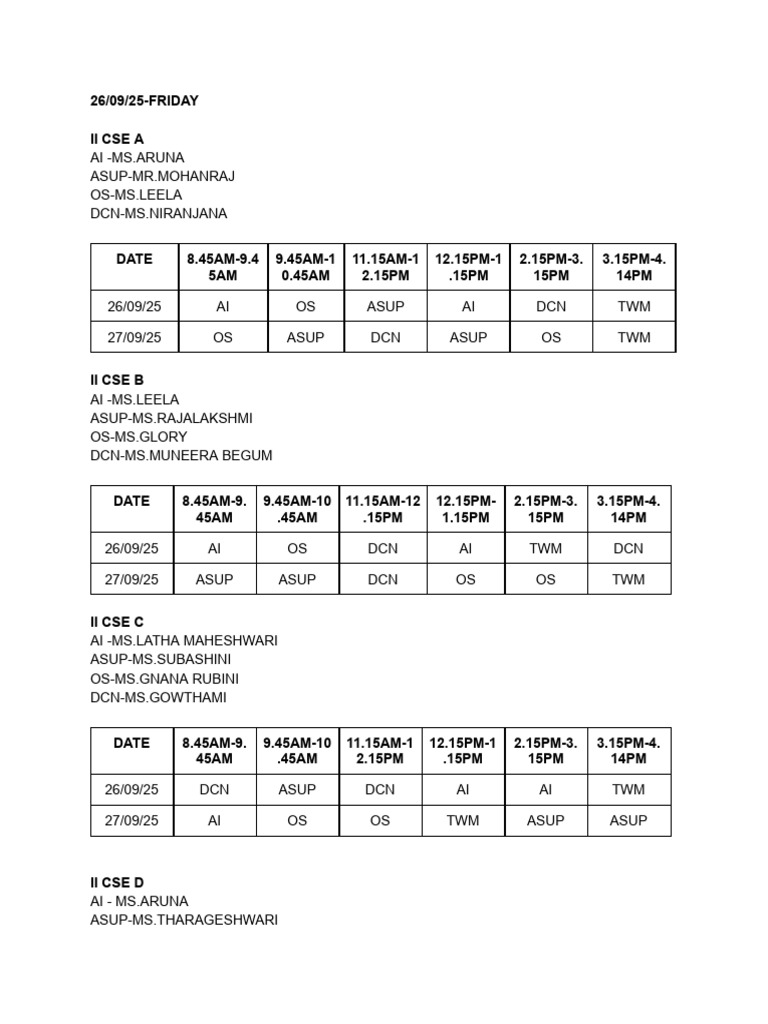 II Cse Course Shedule | PDF
