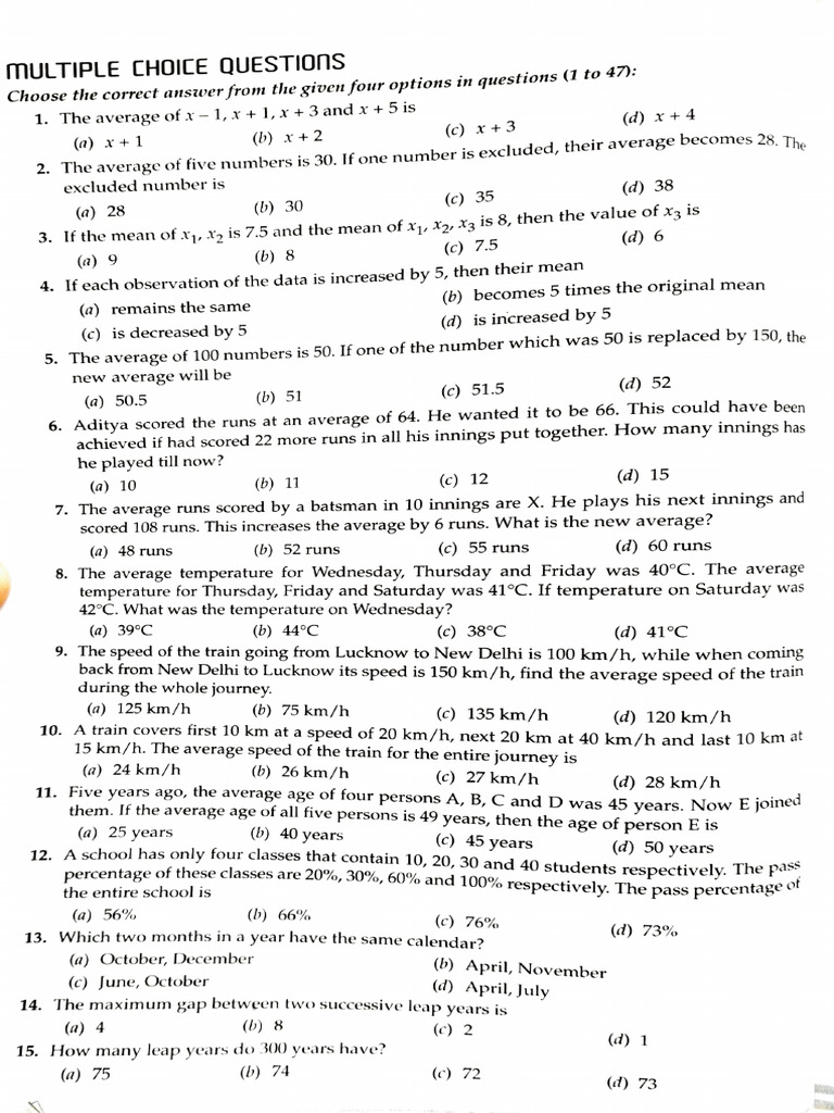 Multiple Choice Questions on Averages and Time | PDF | Speed