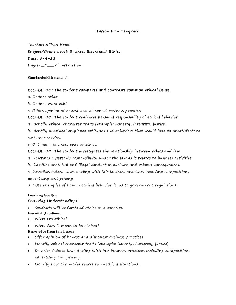 Daily Lesson Plan Folder 5 | Business Ethics | Lesson Plan