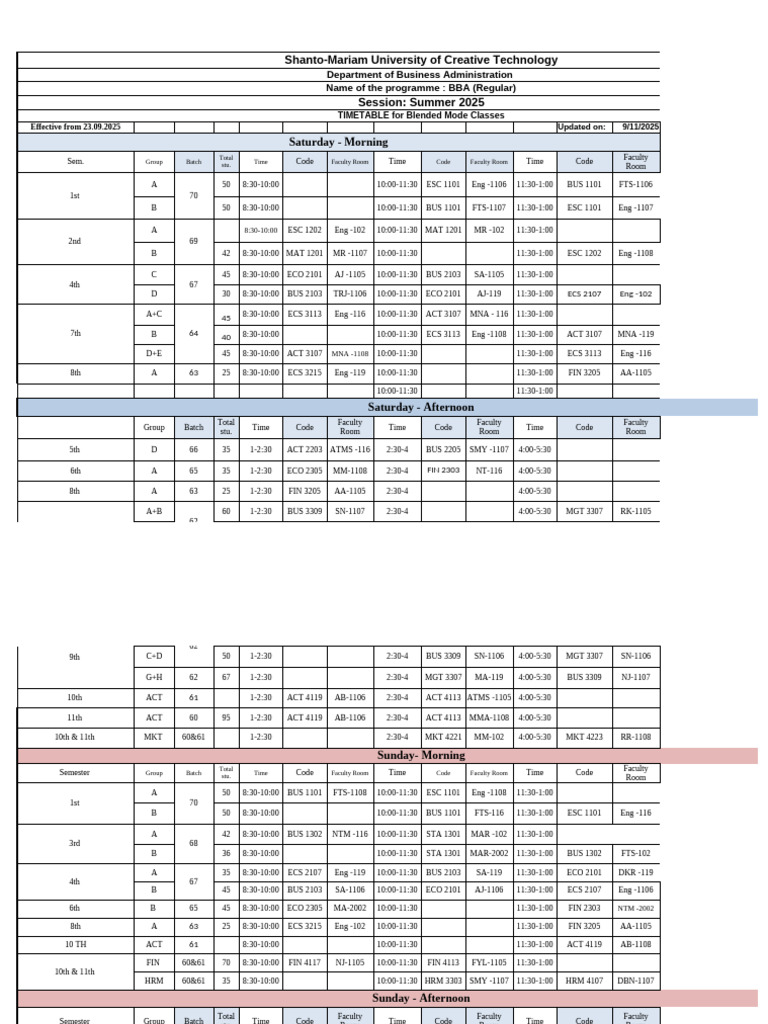 Final - BBA Class Schedule - Summer 2025 (20.09.25) | PDF