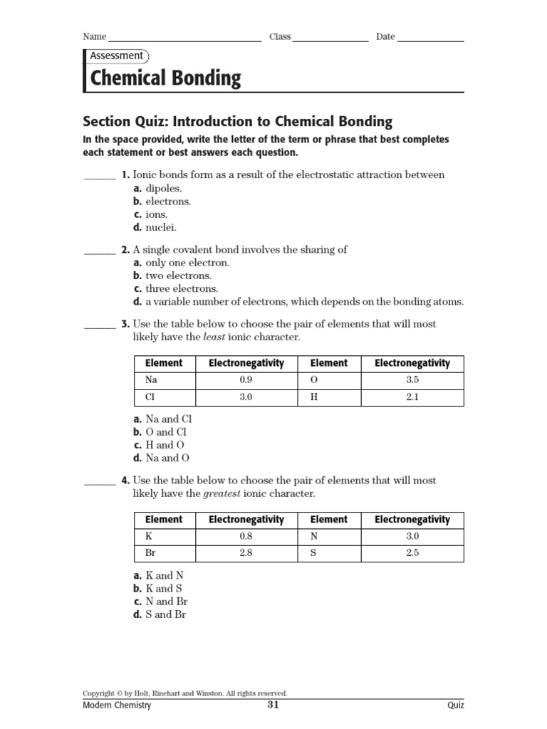 Chemical Bonding Quiz Questions | PDF | Ionic Bonding | Chemical Bond