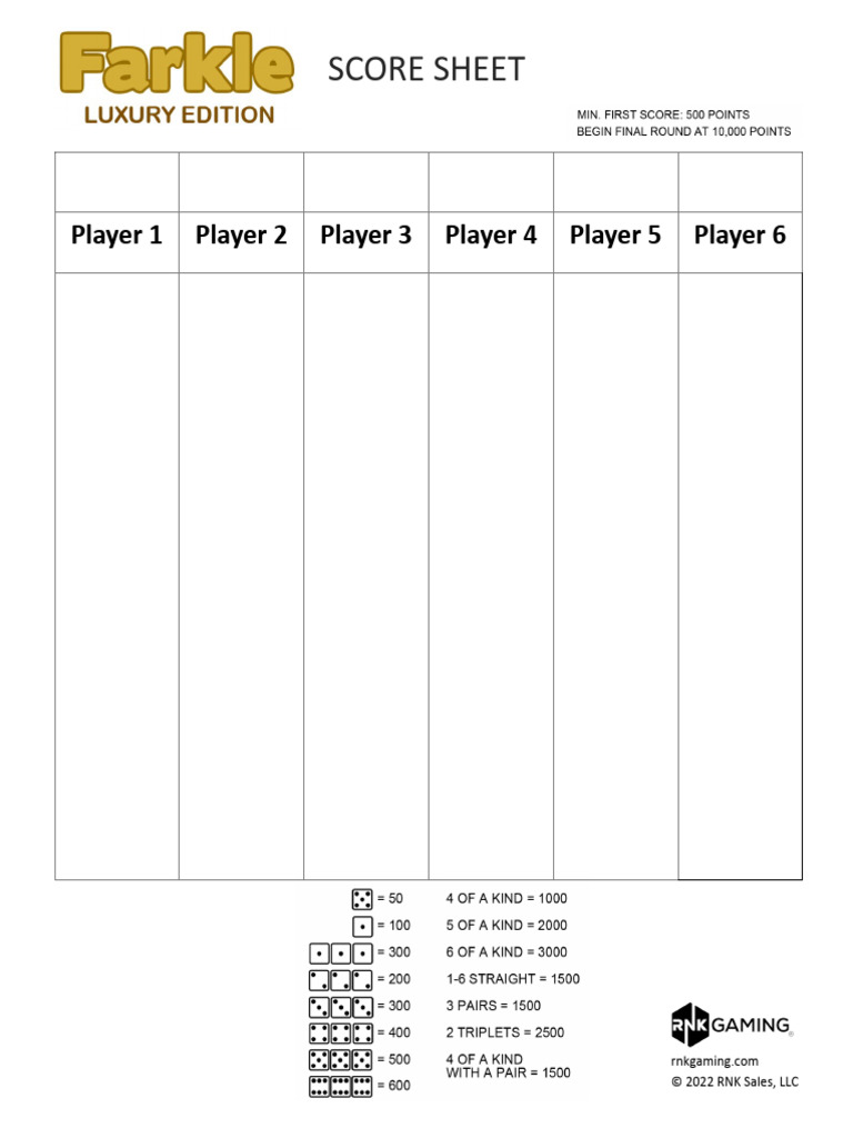 Score Sheet For Farkle 1