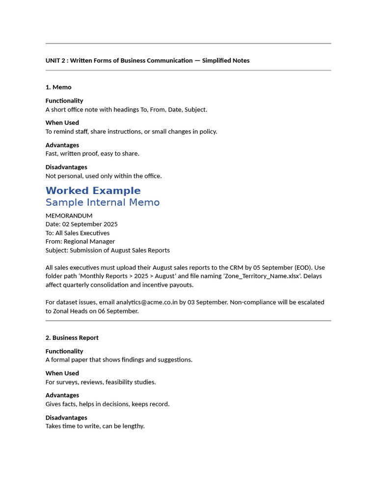 Unit 2 Notes On Types of Written Communication | PDF | Memorandum