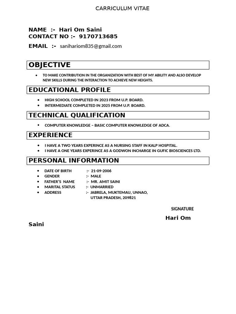 Resume of Hari Om Saini | PDF