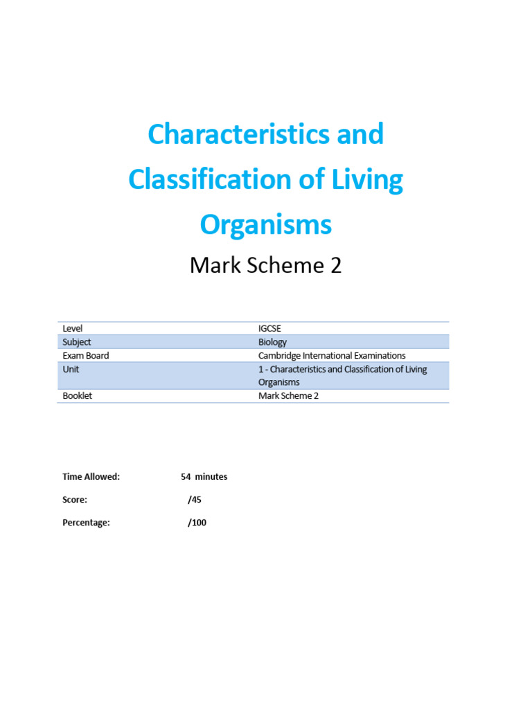 1 2 Characteristics and Classification of Living Organisms Mark Scheme ...