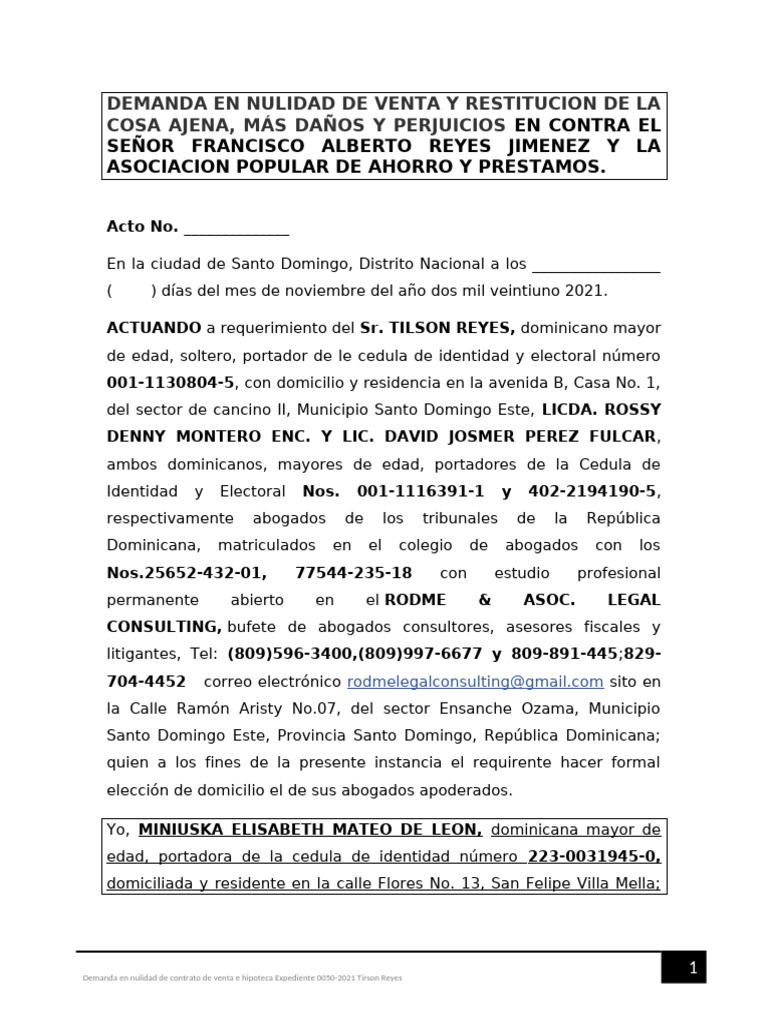 Demanda en Nulidad de Venta y Restitucion de La Cosa Ajena Tirson | PDF ...
