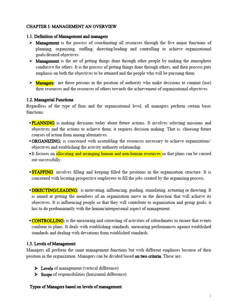 Introduction To Management - Edited Short Note | PDF