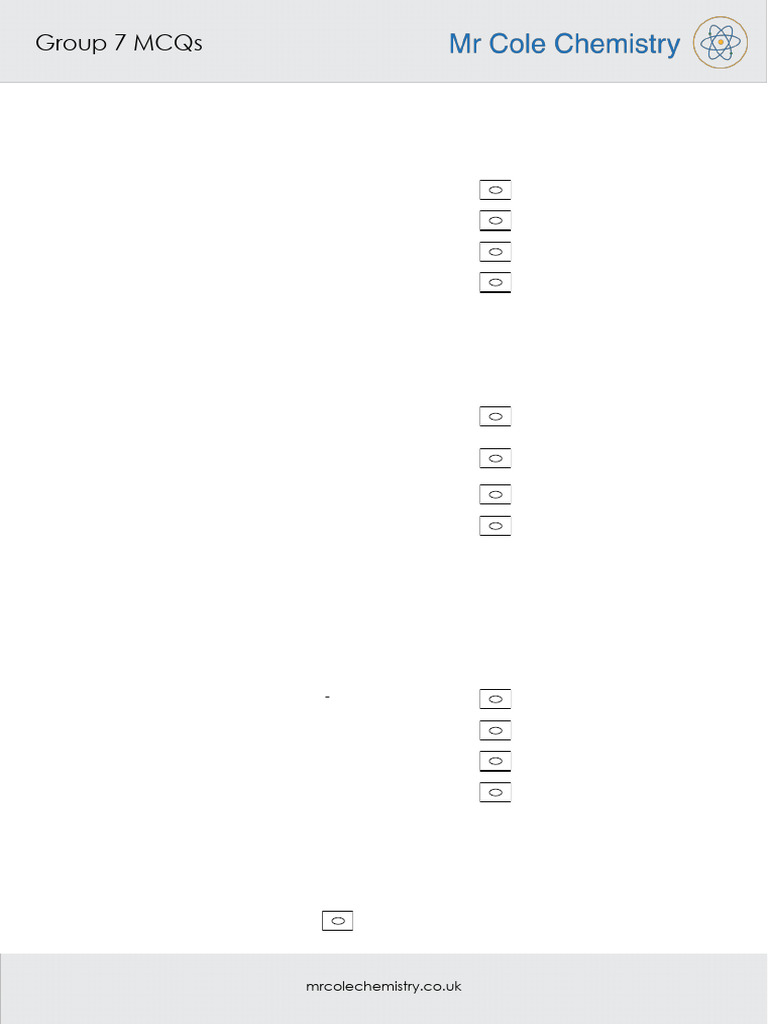 Group 7 Chemistry MCQs and Answers | PDF | Chlorine | Iodine