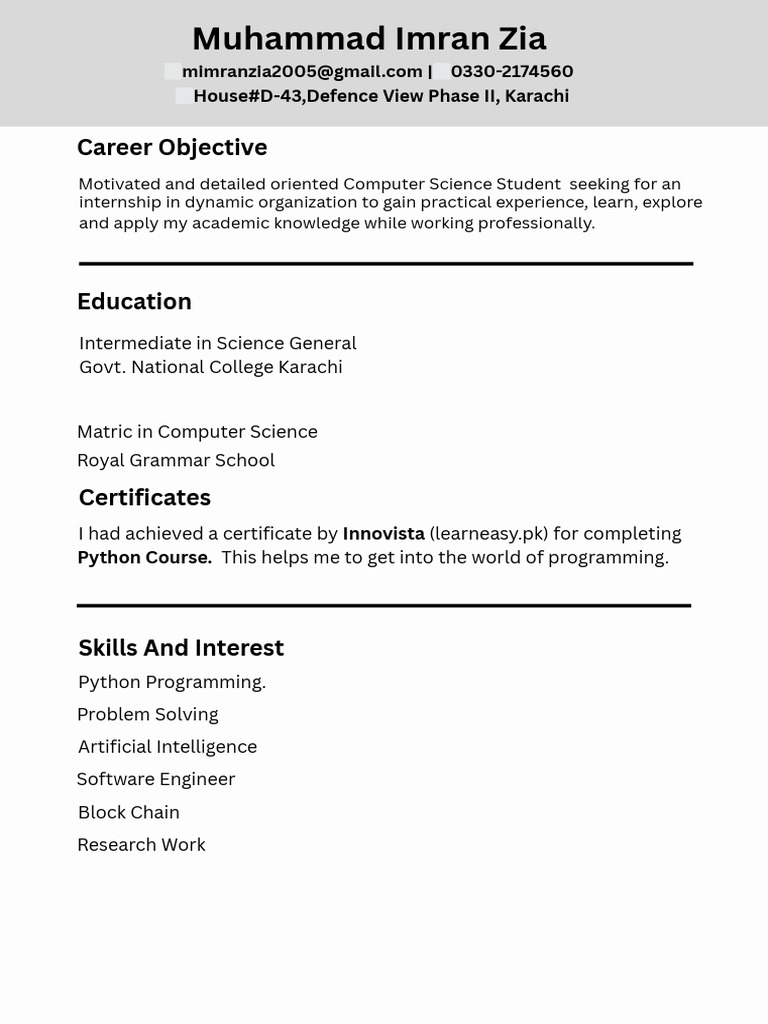 Career Objective: 0330-2174560 House#D-43, Defence View Phase II ...
