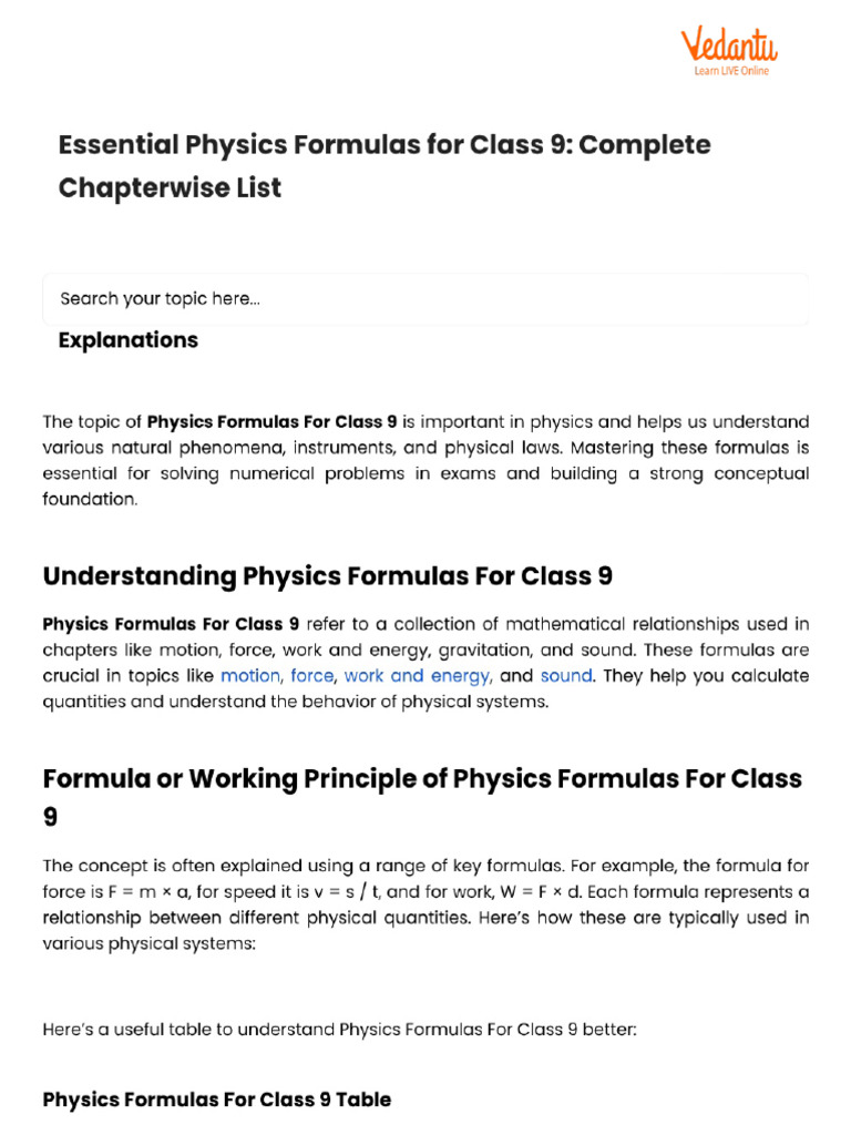 Essential Physics Formulas For Class 9 - Complete Chapterwise List | PDF