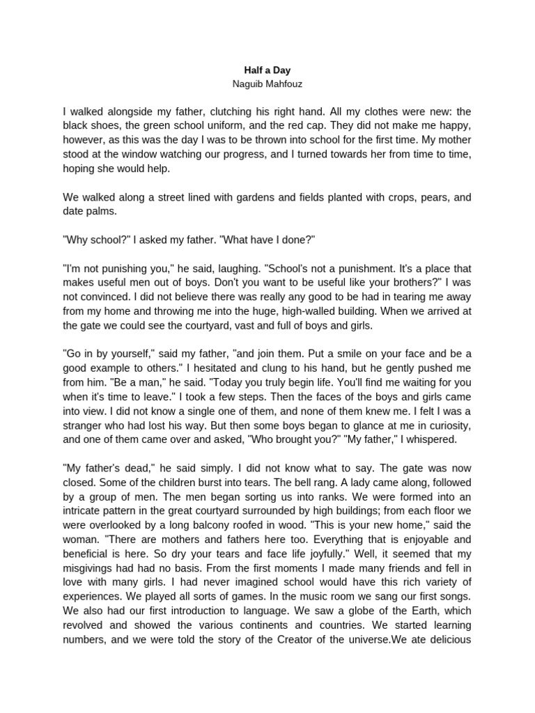 Naguib Mahfouz's "Half a Day" Summary | PDF