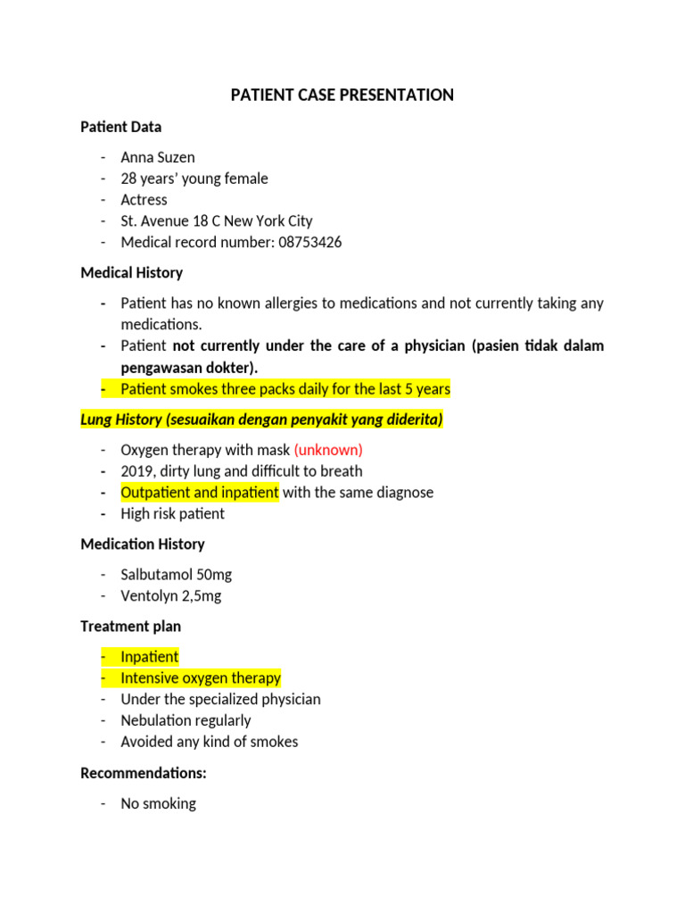 Patient Case Presentation | PDF | Pulmonology | Medical Specialties