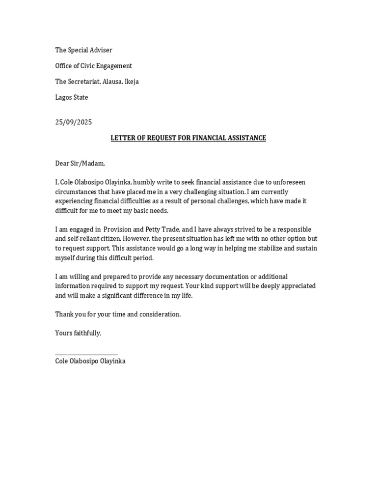 Request for Financial Assistance Letter | PDF