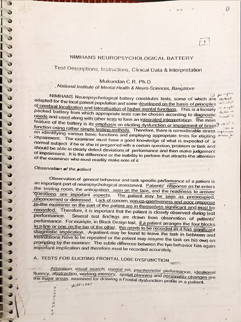 Nimhans Neuropsychological Battery Old | PDF
