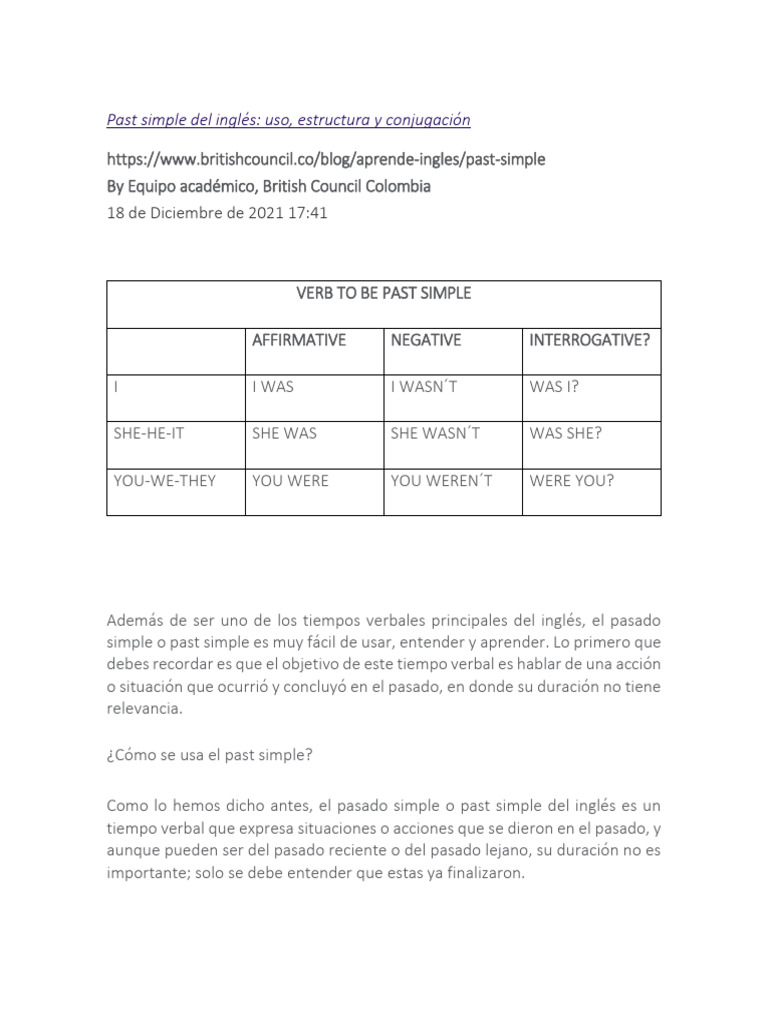 Uso y conjugación del past simple en inglés | PDF | Verbo | Morfología ...