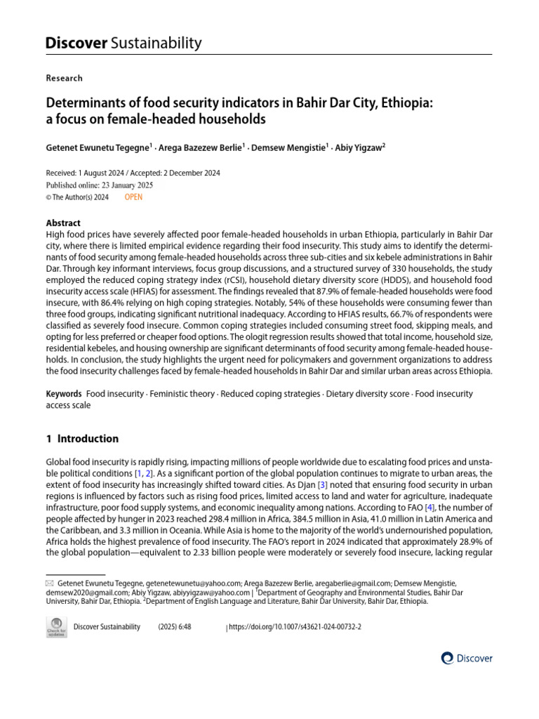 Determinants of Food Security Indicators in Bahir Dar City Ethiopia A ...