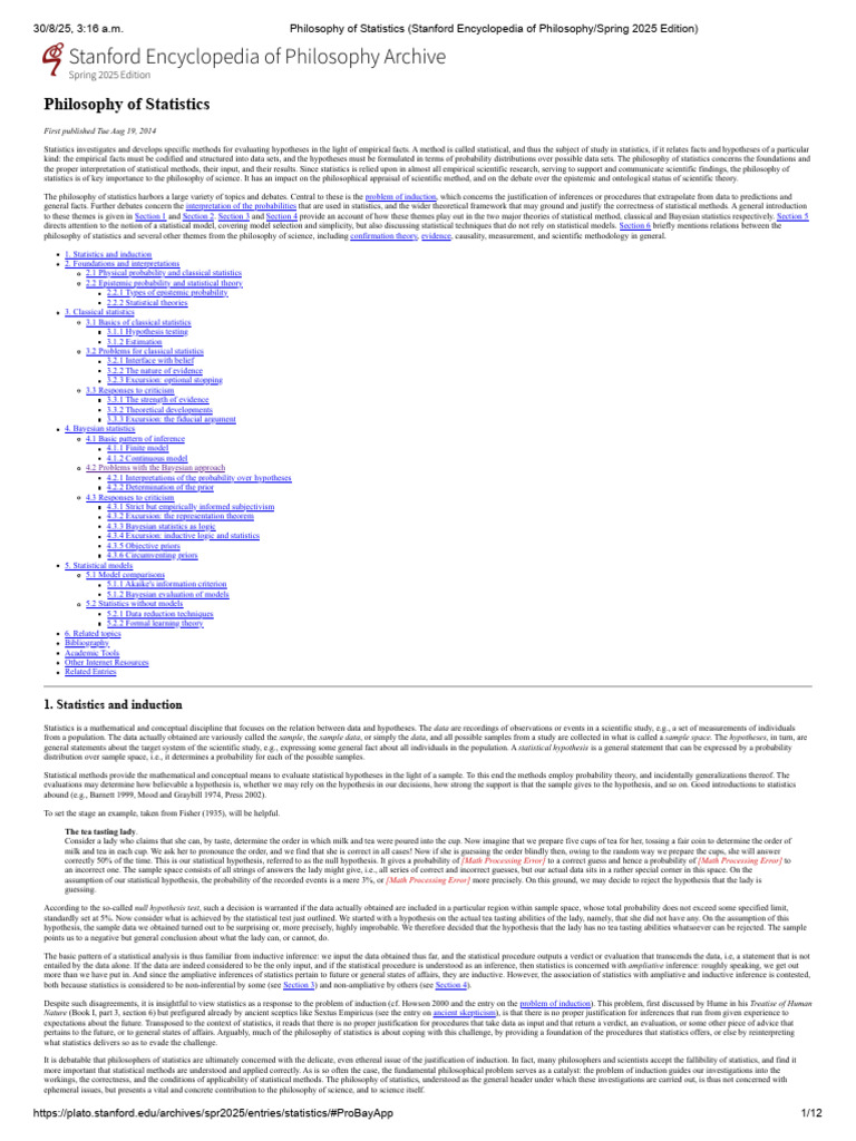 Philosophy of Statistics (Stanford Encyclopedia of Philosophy - Spring ...