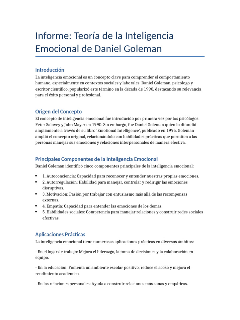 Informe Inteligencia Emocional Daniel Goleman | PDF