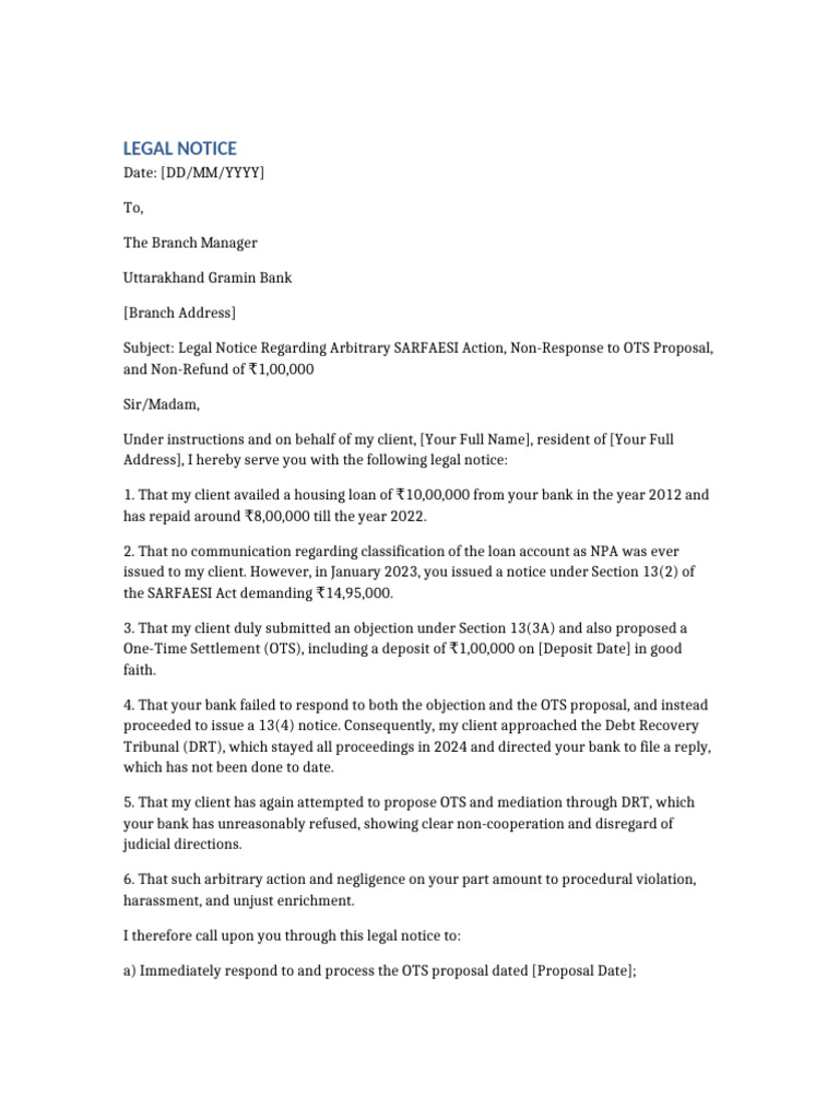 Legal Notice To Bank | PDF