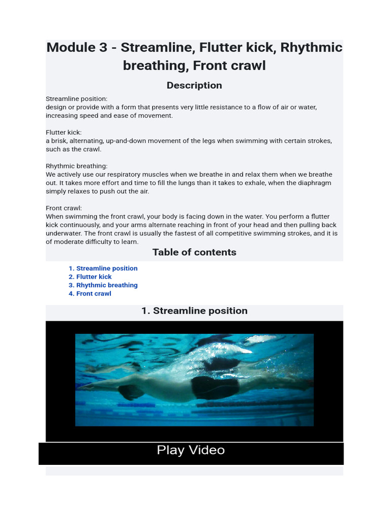 Module 3 - Streamline, Flutter Kick, Rhythmic Breathing, Front Crawl | PDF