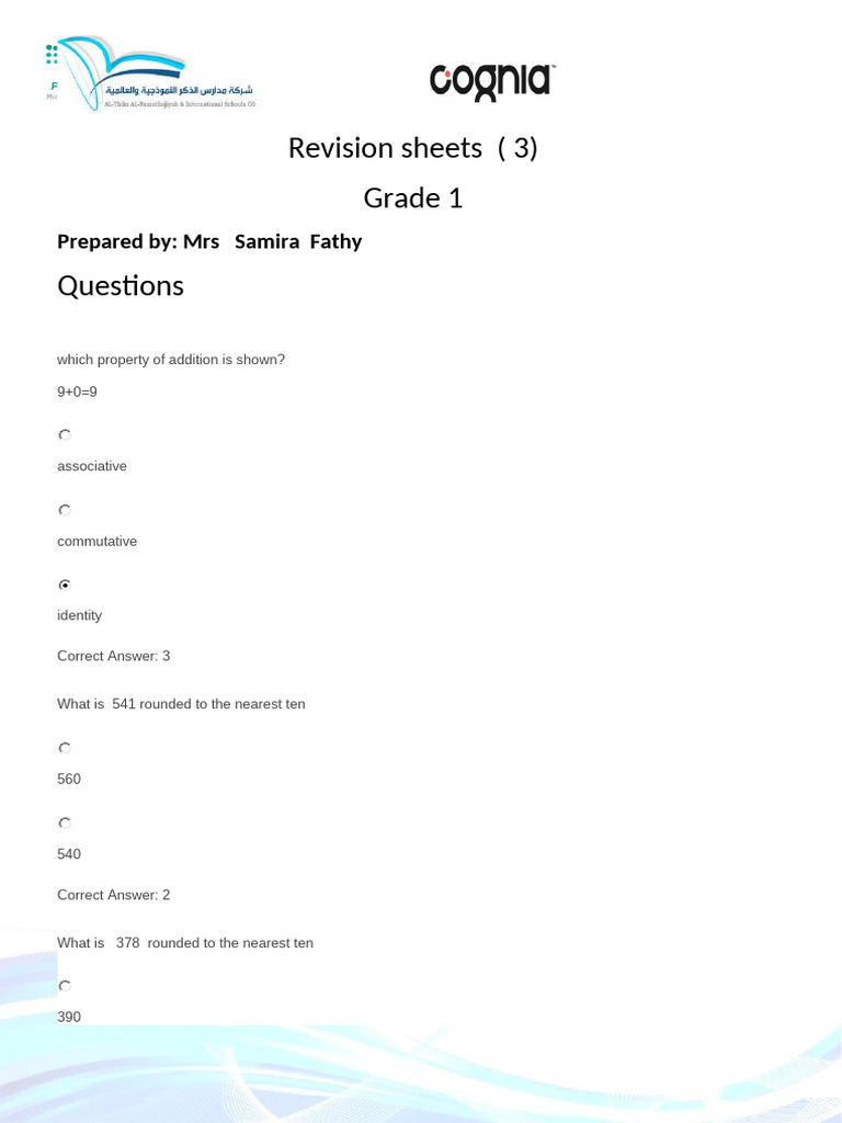 Grade 1 Math Revision Questions | PDF