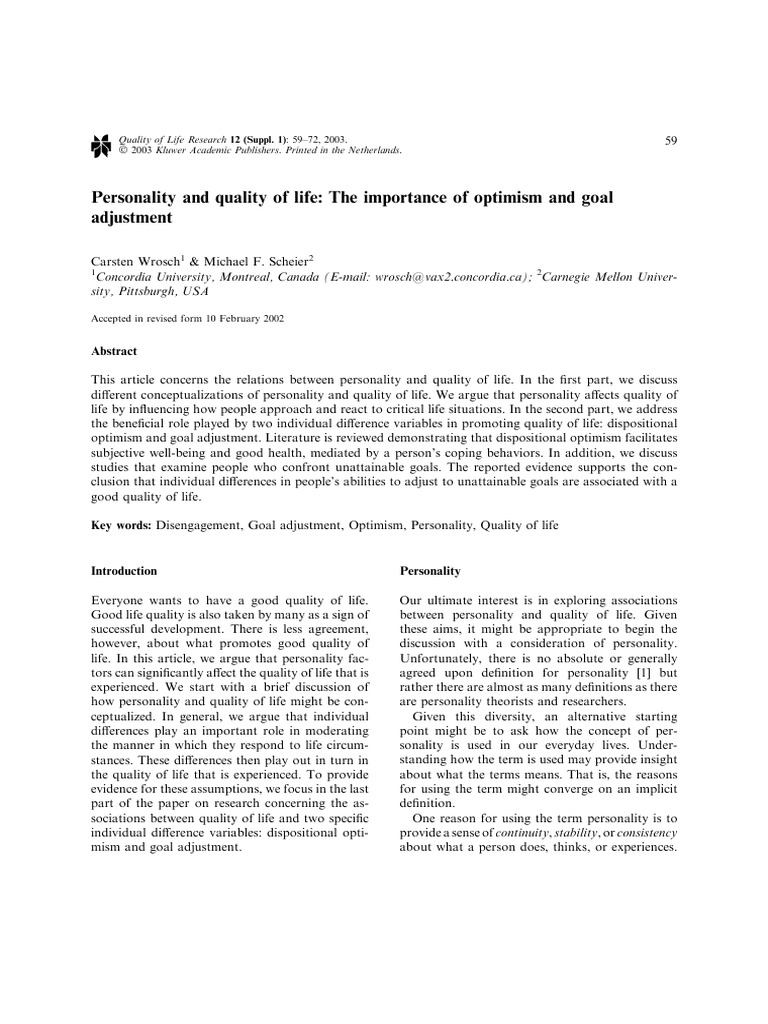 Personality and Quality of Life The Importance of Optimism and Goal ...