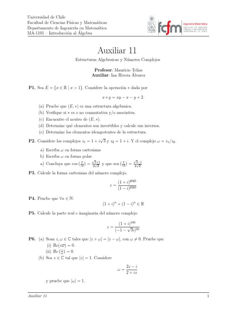 Auxiliar 11 Estructuras Algebraicas y N Meros Complejos | PDF | Número ...