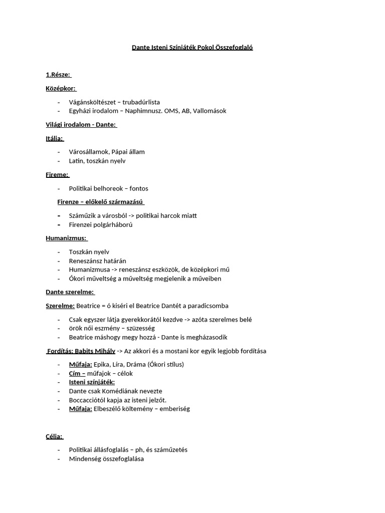 Dante Isteni Színjáték Pokol Összefoglaló | PDF
