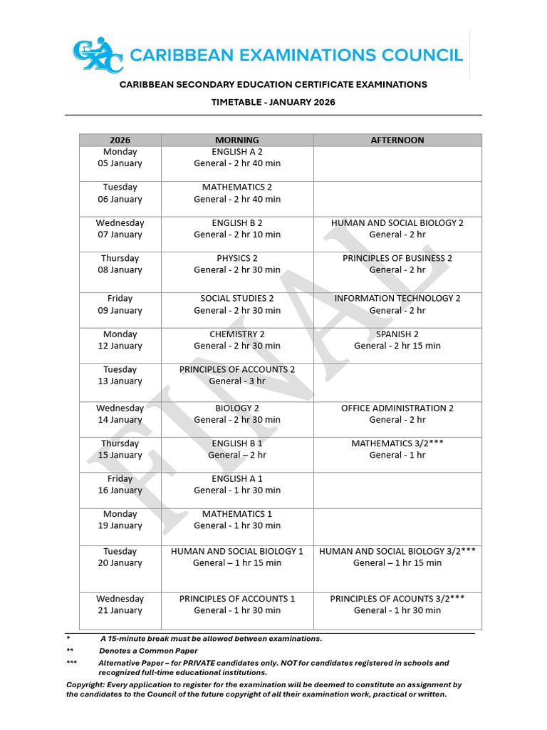 CSEC January 2026 Exam Timetable | PDF
