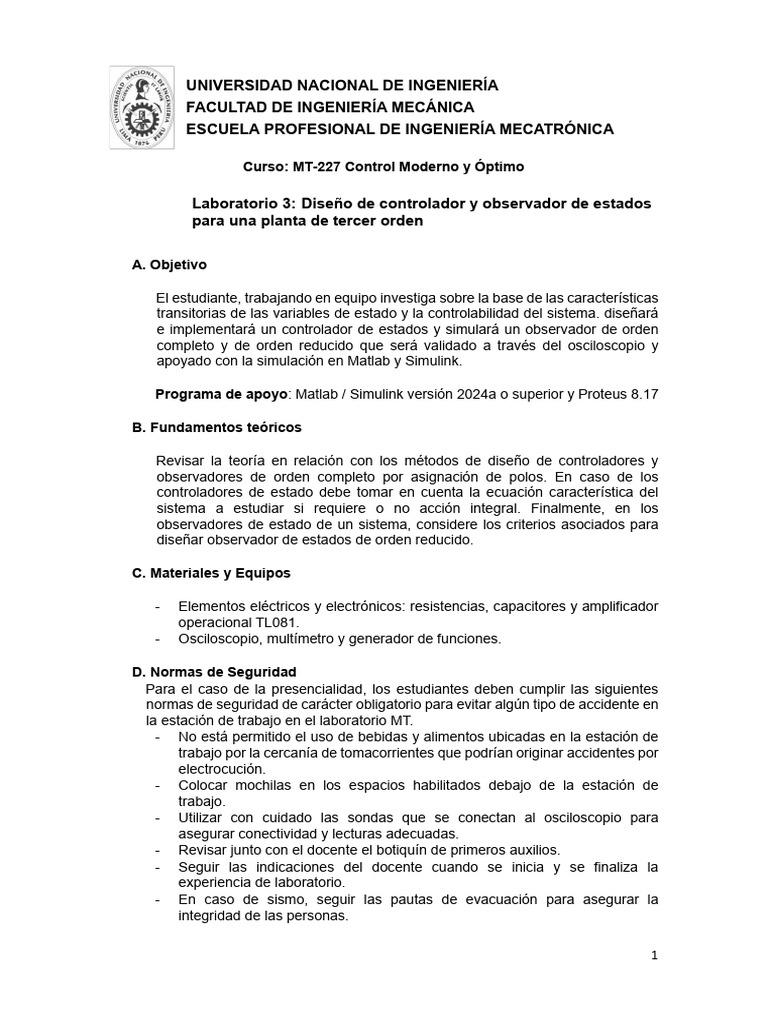 Lab3 MT227 Control Moderno y Óptimo 2024-2 V2 | PDF | Matlab | Simulación