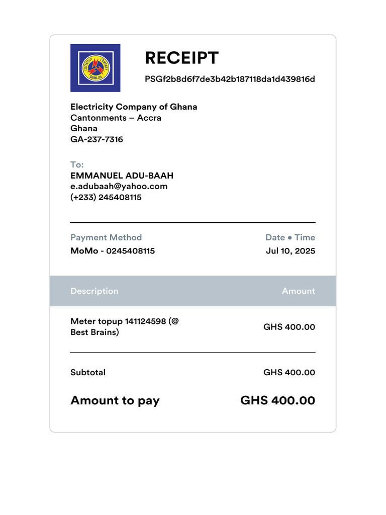 Electricity Payment Receipt - GHS 400 | PDF