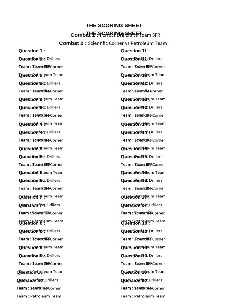 Combat Scoring Sheets for Teams | PDF
