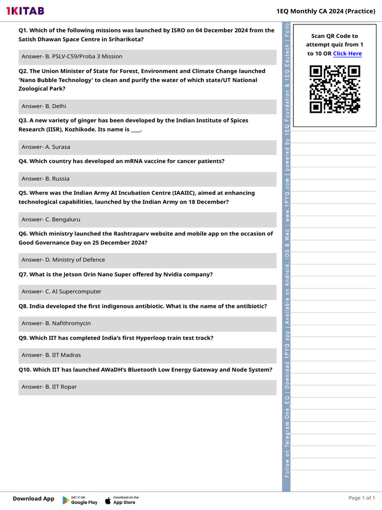 Monthly Current Affairs Quiz 2024 | PDF | Nasa