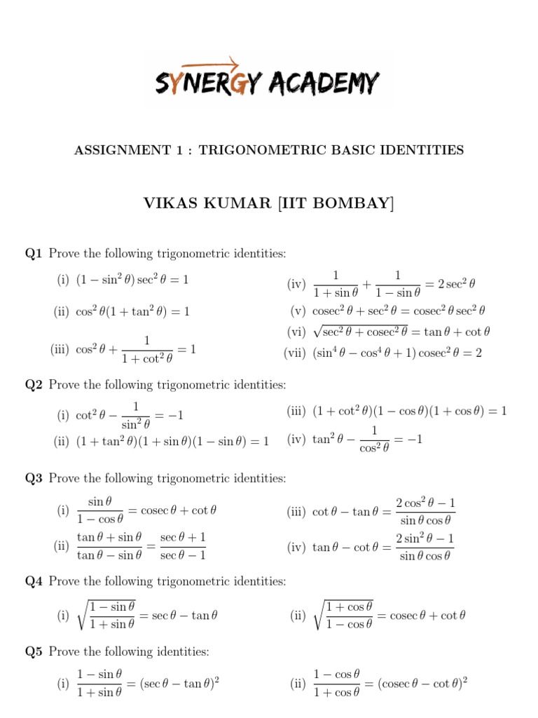 Trigonometric Identities Assignment | PDF | Elementary Mathematics | Angle