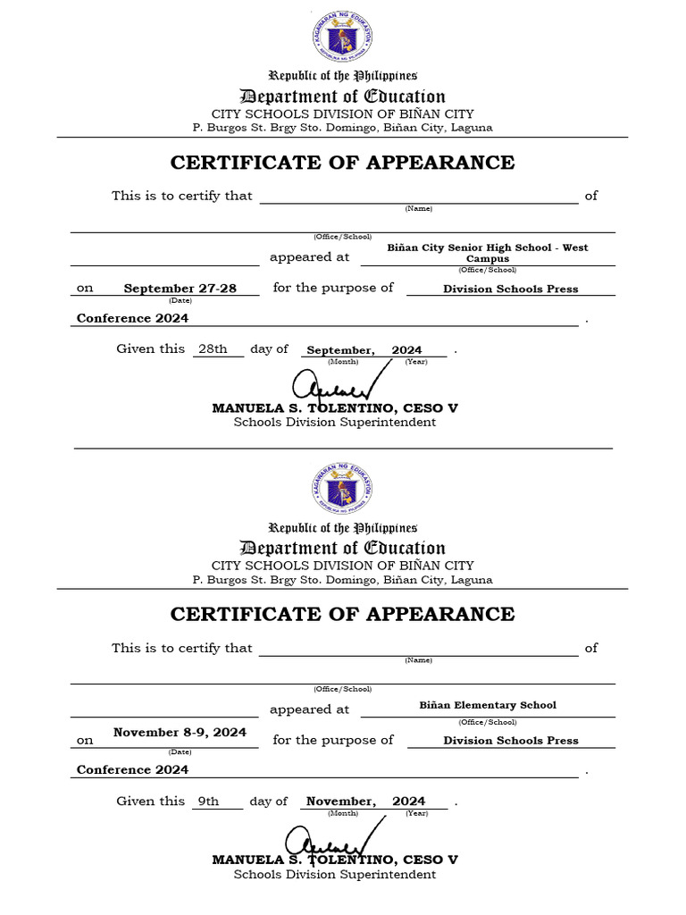 Certificate of Appearance for Schools Press | PDF | Philippines ...