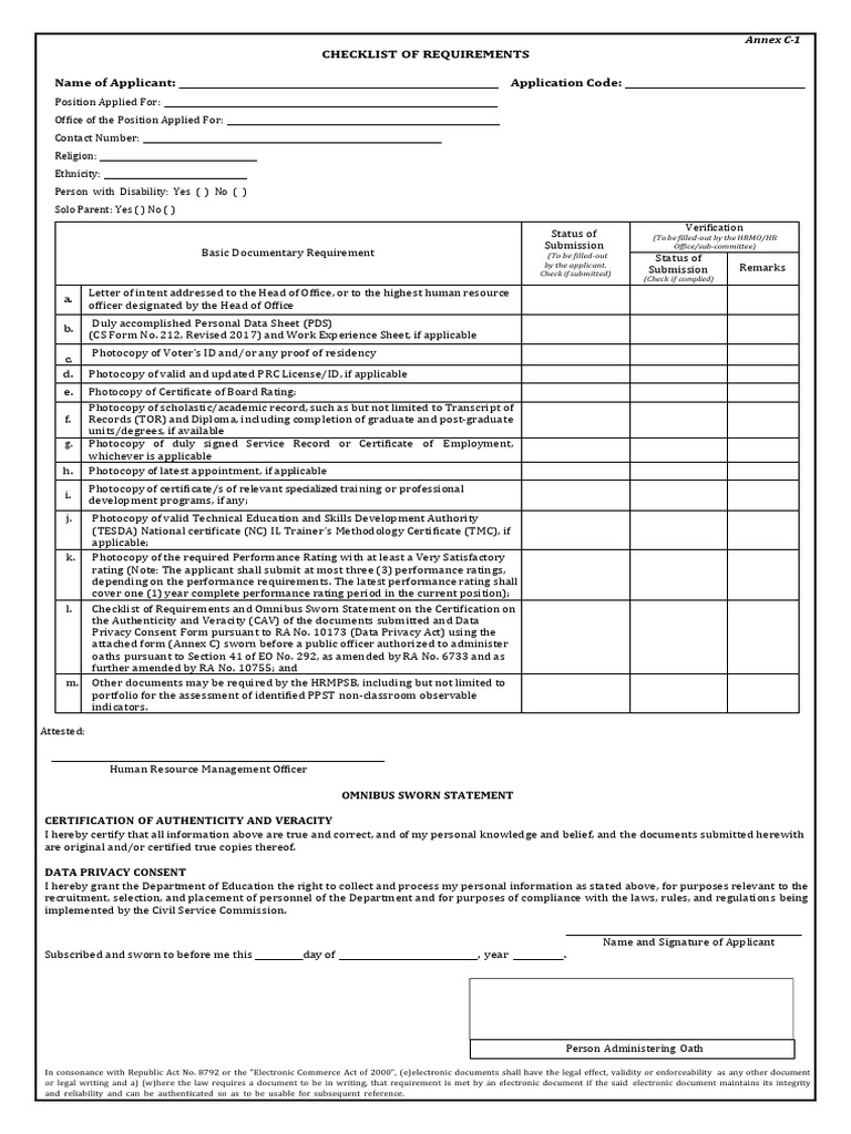 ANNEX C 1 Checklist of Requirements and Omnibus Sworn Statement | PDF