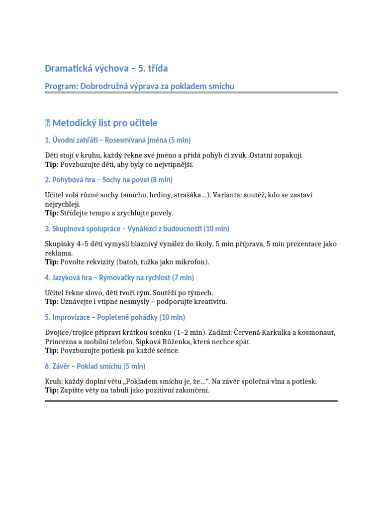 Dramaticka Vychova 5 Trida | PDF