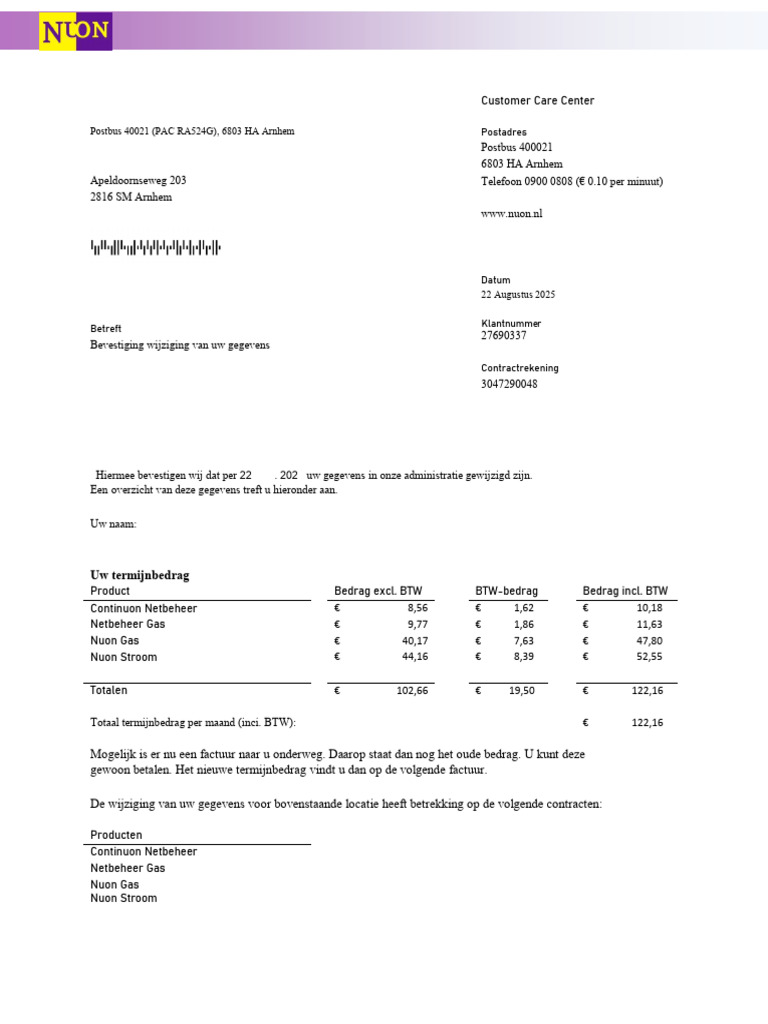Michael Van Netherlands Nuon Gas Utility Bill | PDF