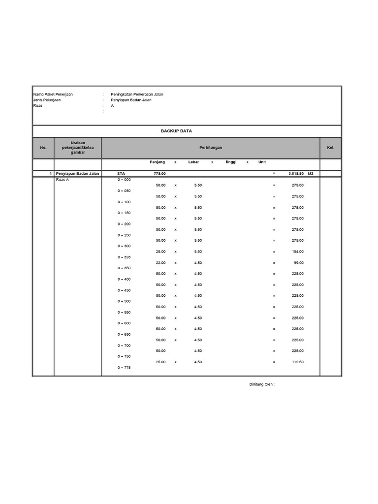 Perhitungan Backup Data Penyiapan Badan Jalan | PDF